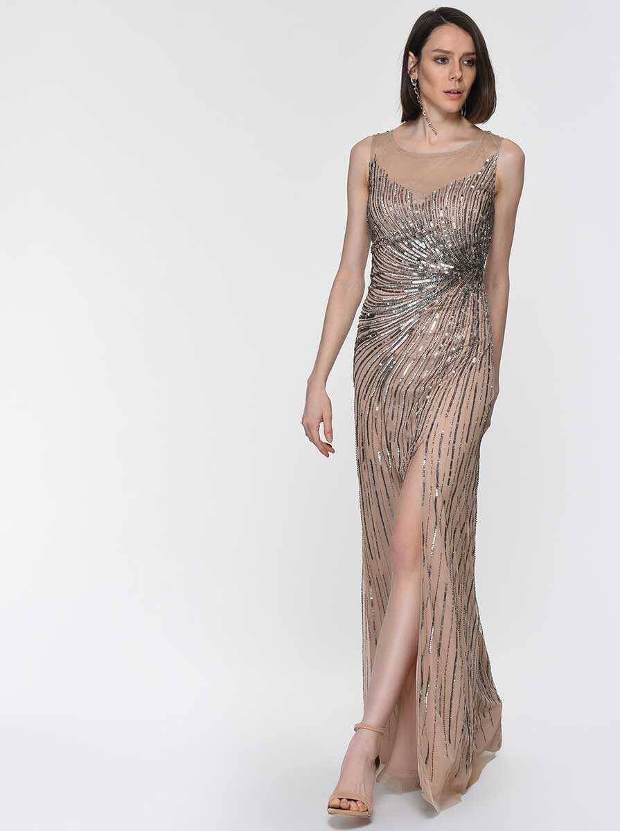 İşlemeli Gece Elbisesi Şampanya - Roman