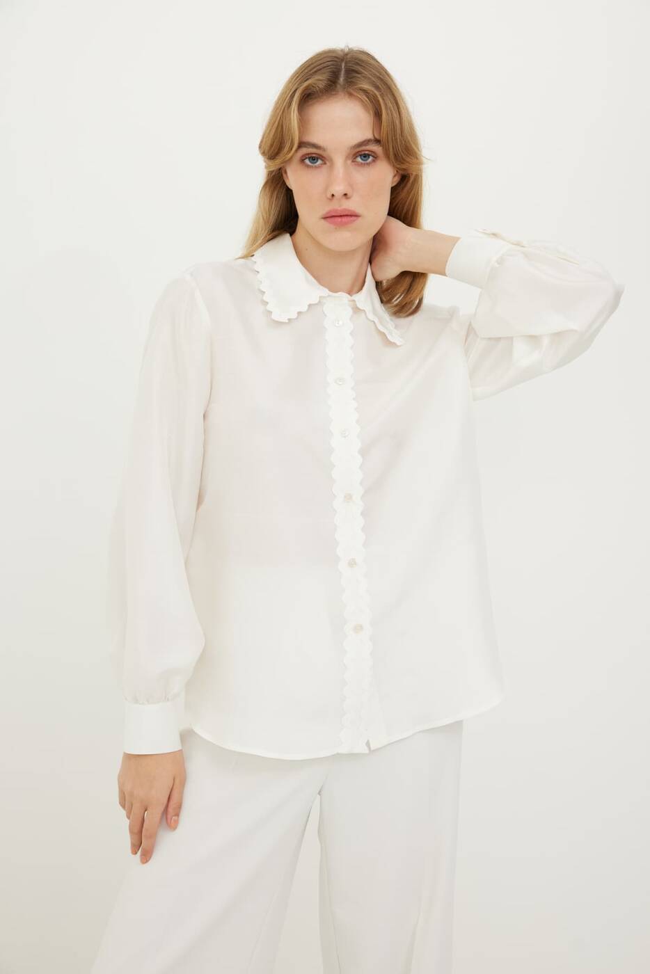 Balon Kol İpek Bluz Krem - Roman