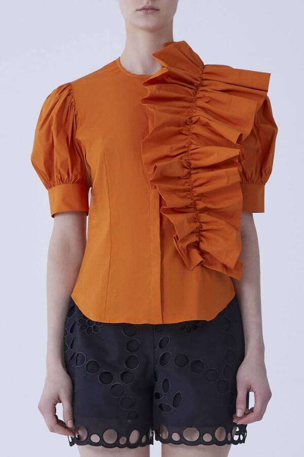 Karpuz Kol Tek Omuz Fırfırlı Bluz Turuncu - Roman