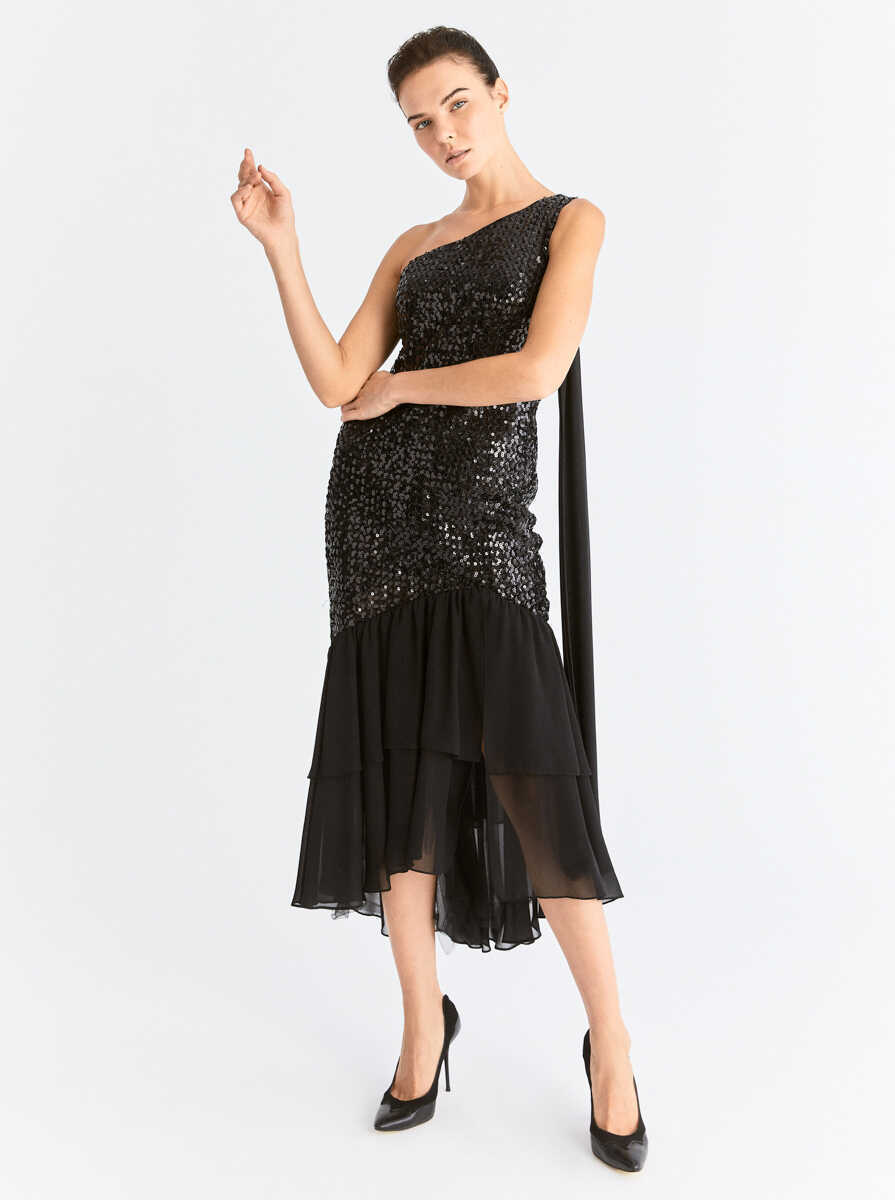 Payetli Tek Omuz Abiye Elbise Siyah Roman