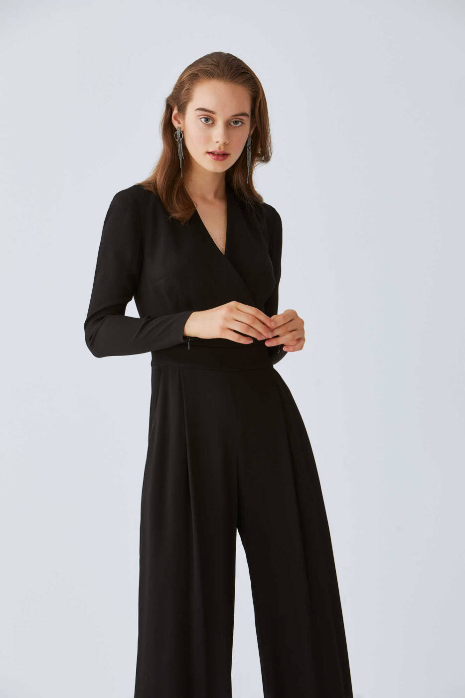 Piliseli Kruvaze Kadın Tulum Siyah - Roman