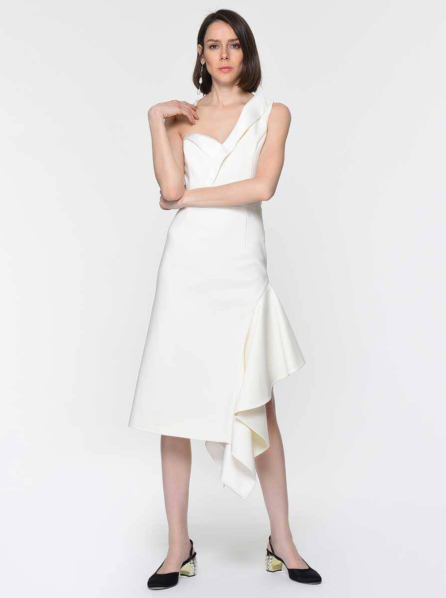 Tek Omuz Coral Gece Elbisesi Beyaz - Roman