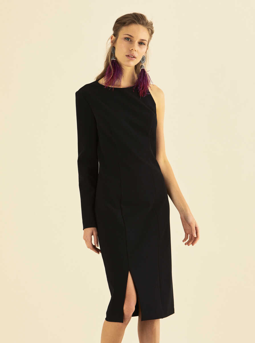 Tek Omuz Yırtmaçlı Gece Elbisesi Siyah - Roman