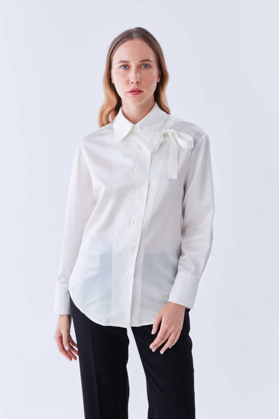 %100 İpek Uzun Kollu Gömlek Krem - Roman