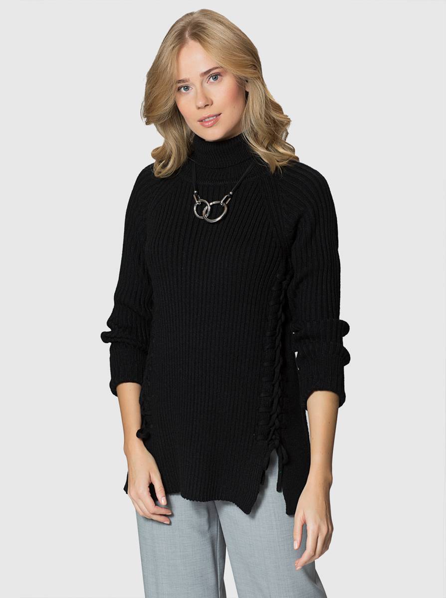 Yan Detaylı Boğazlı Triko Siyah - Roman